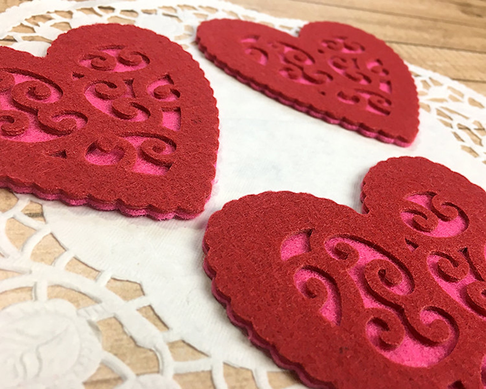 3 Felt Heart Embellishments Red on Fuchsia Flourish | Etsy