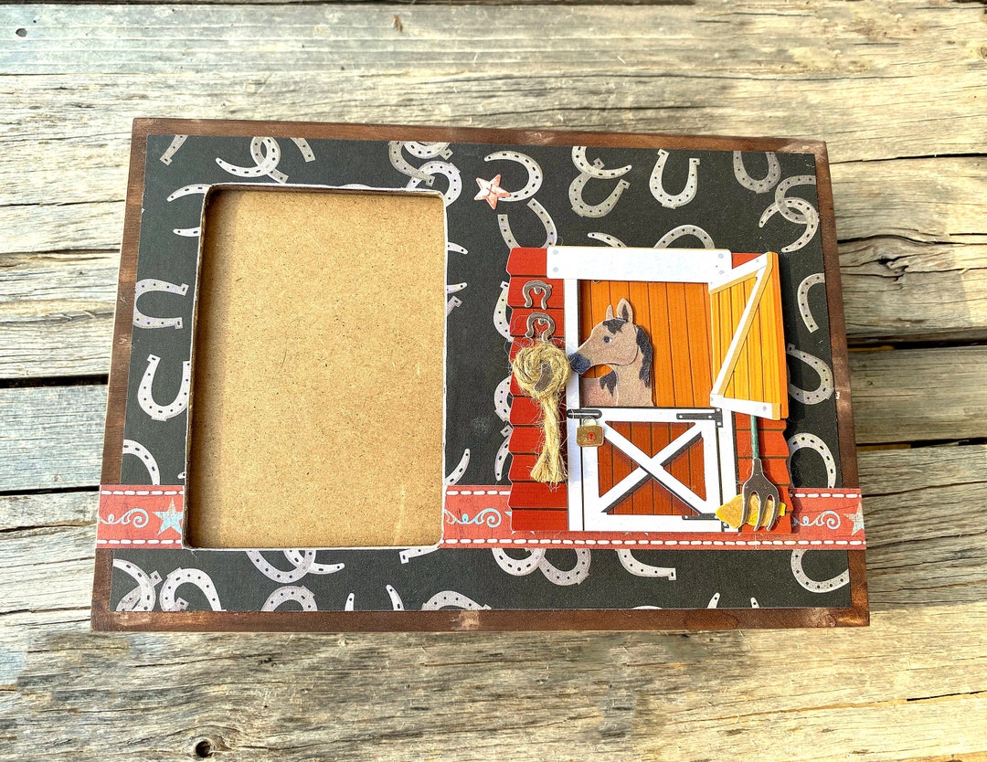 Horse in Stable Decoupage Frame, Handmade, Horseshoes, Farm, Ranch ...