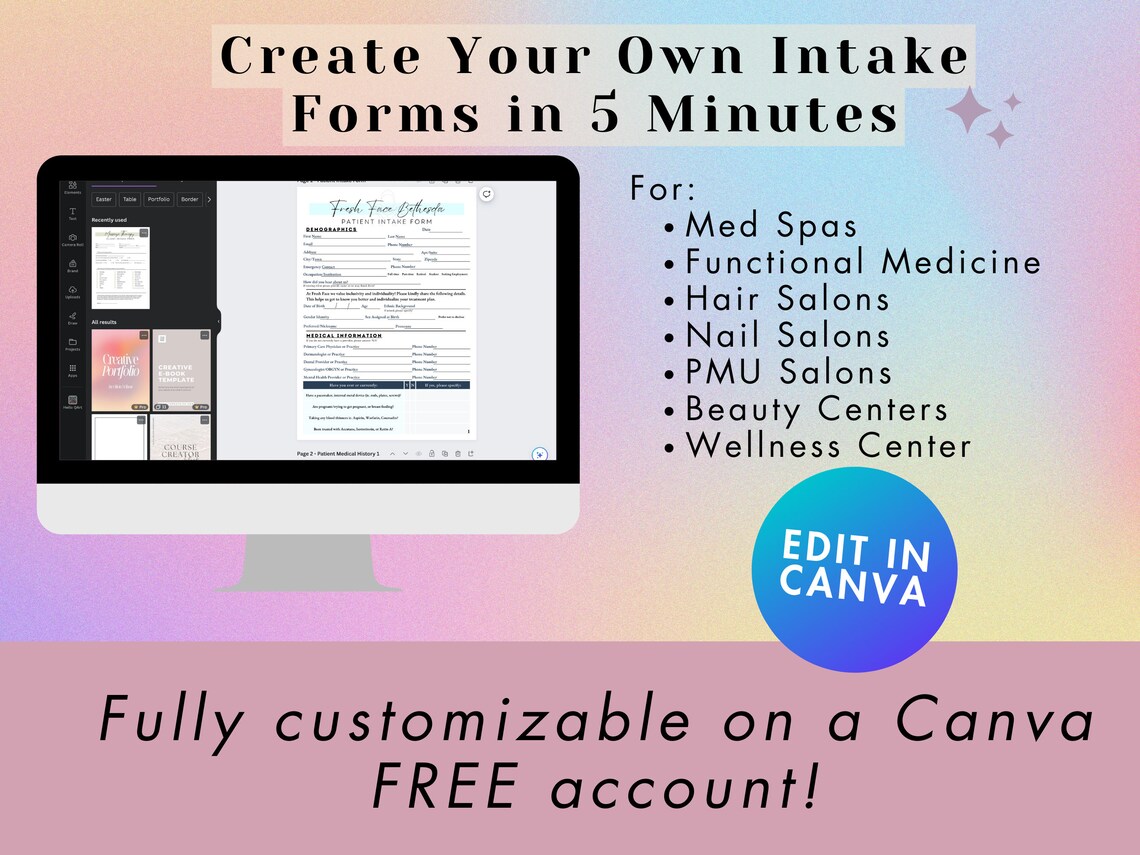 Editable Med Spa Intake Form: Patient History, Aesthetics (instant ...