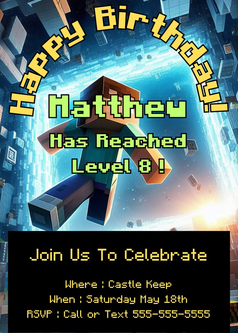 Minecraft Birthday Invite 5x7 - Kids Party - Birthday - Minecrafter ...