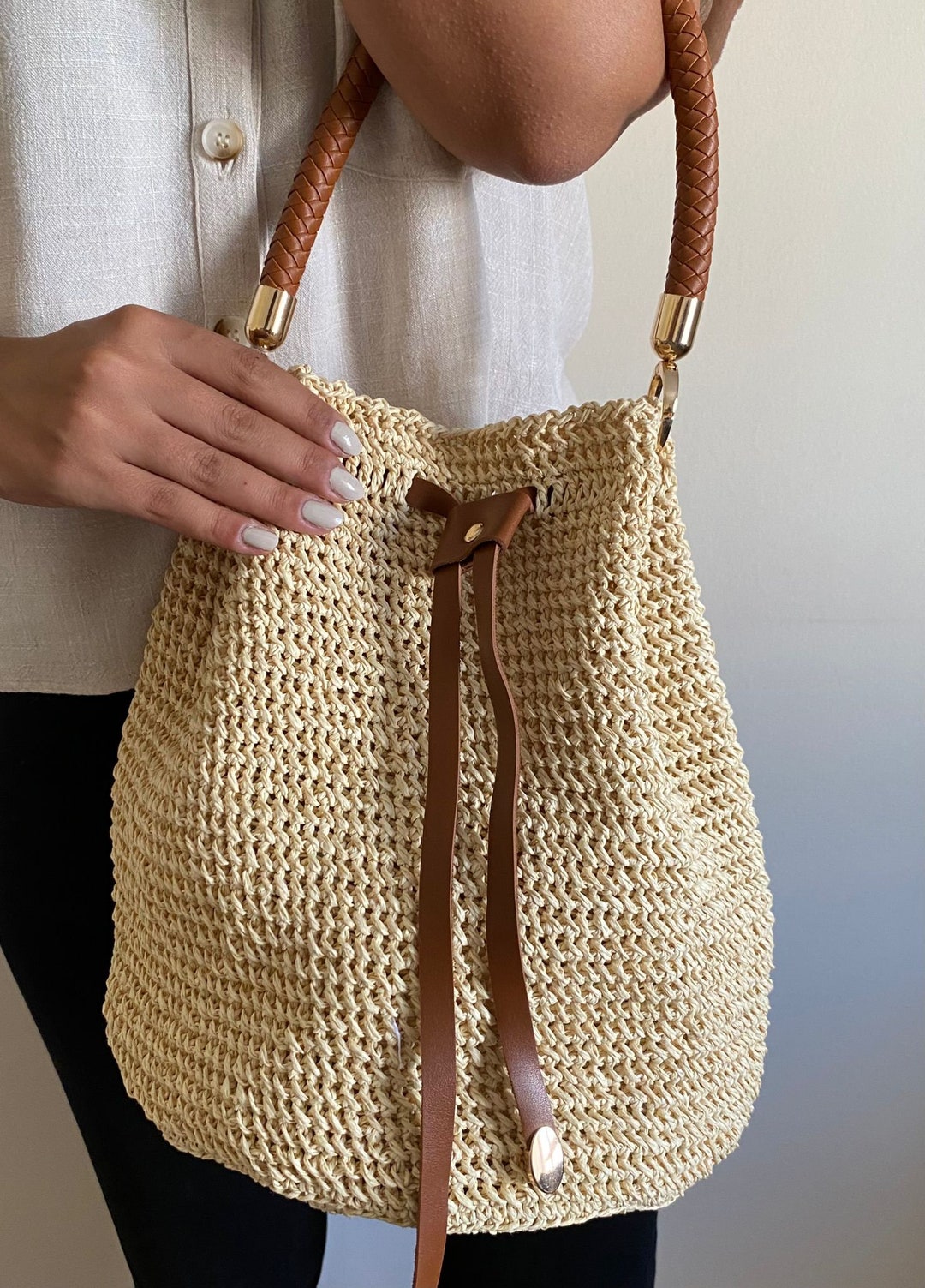 Women's Paper String Faux Leather Handle Lined Bag - Etsy