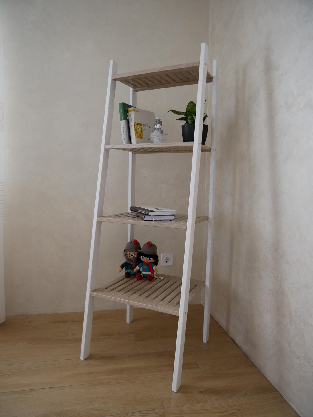 Solid Wood Ladder Shelf, Leaning Display Bookshelf, Oak Wood Handmade ...