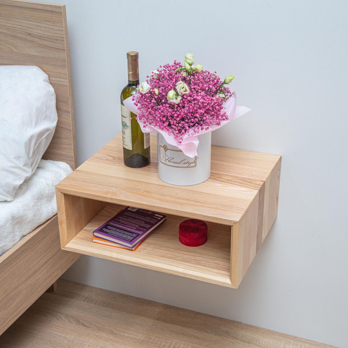 Floating Bedside Nightstand | Wall-mounted Wooden Bed Shelf | Floating ...