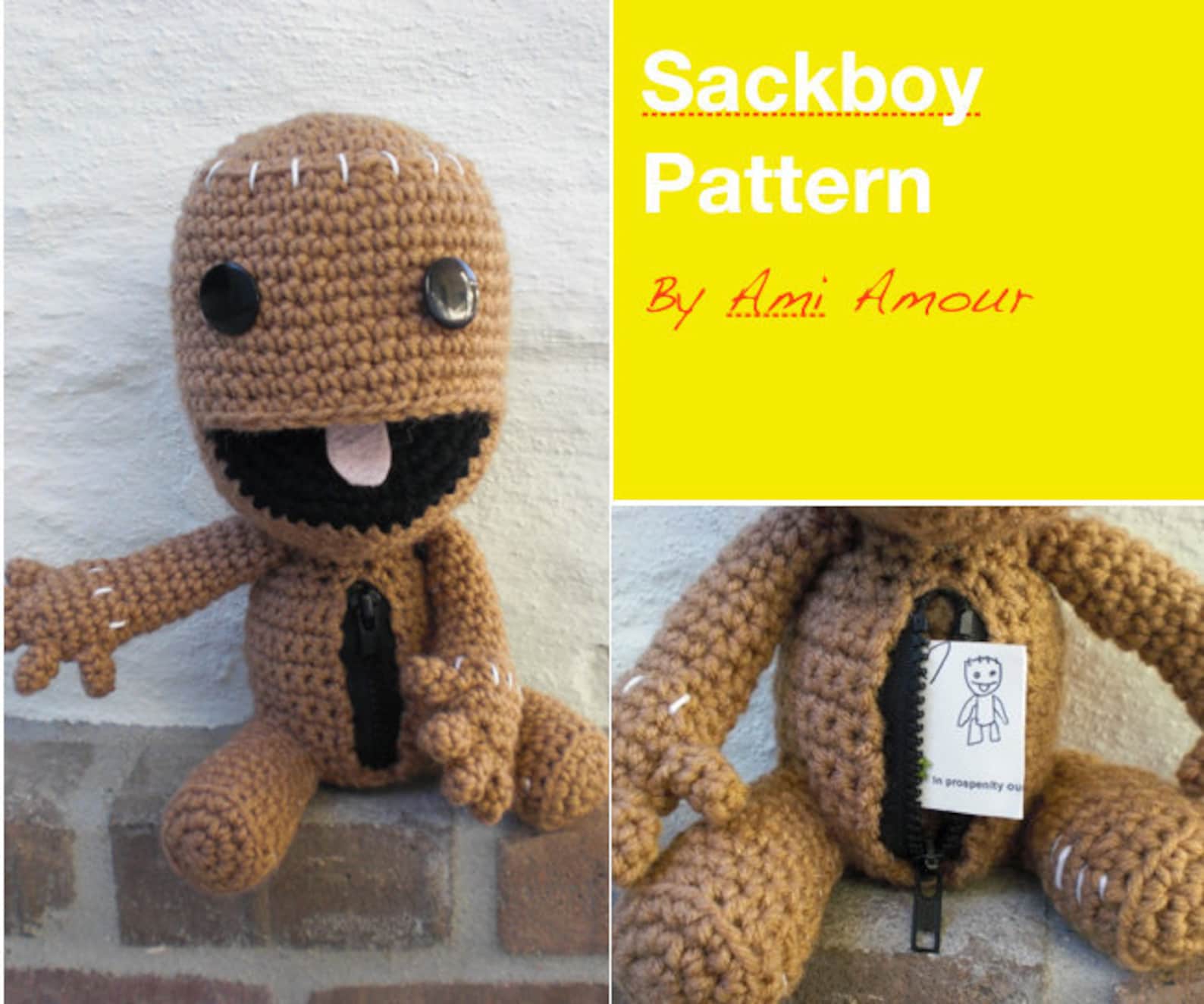 Sackboy Pattern Crochet Amigurumi Open Mouth Zipper - Etsy