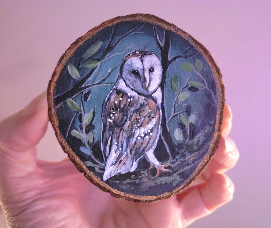 3.5” Barn Owl Painted Wood Slab Original by Sue Sizemore - Etsy