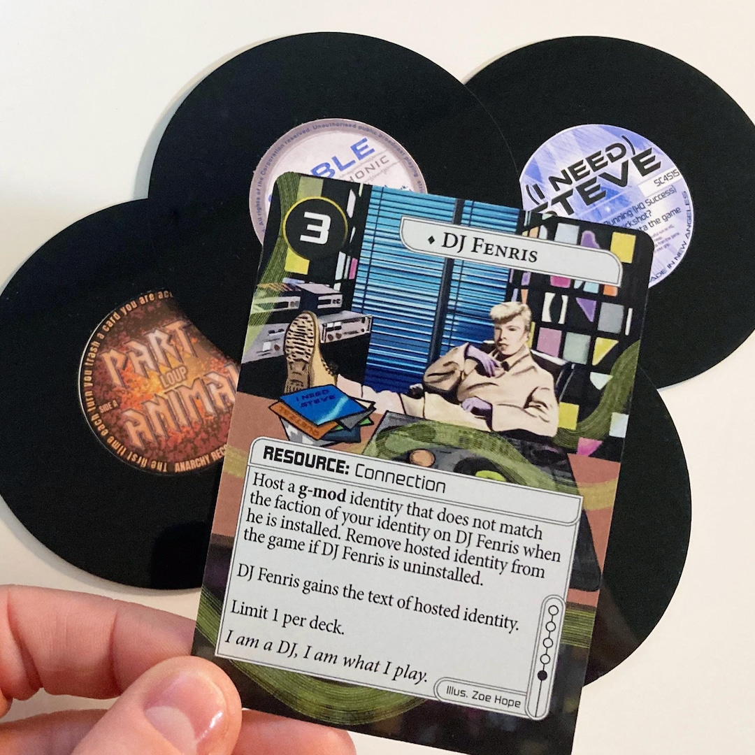 DJ Fenris & Vinyl Token Set Netrunner Card + 2 X G-mod ID Set (feat. Steve, Sable, Loup, Quetzal ...