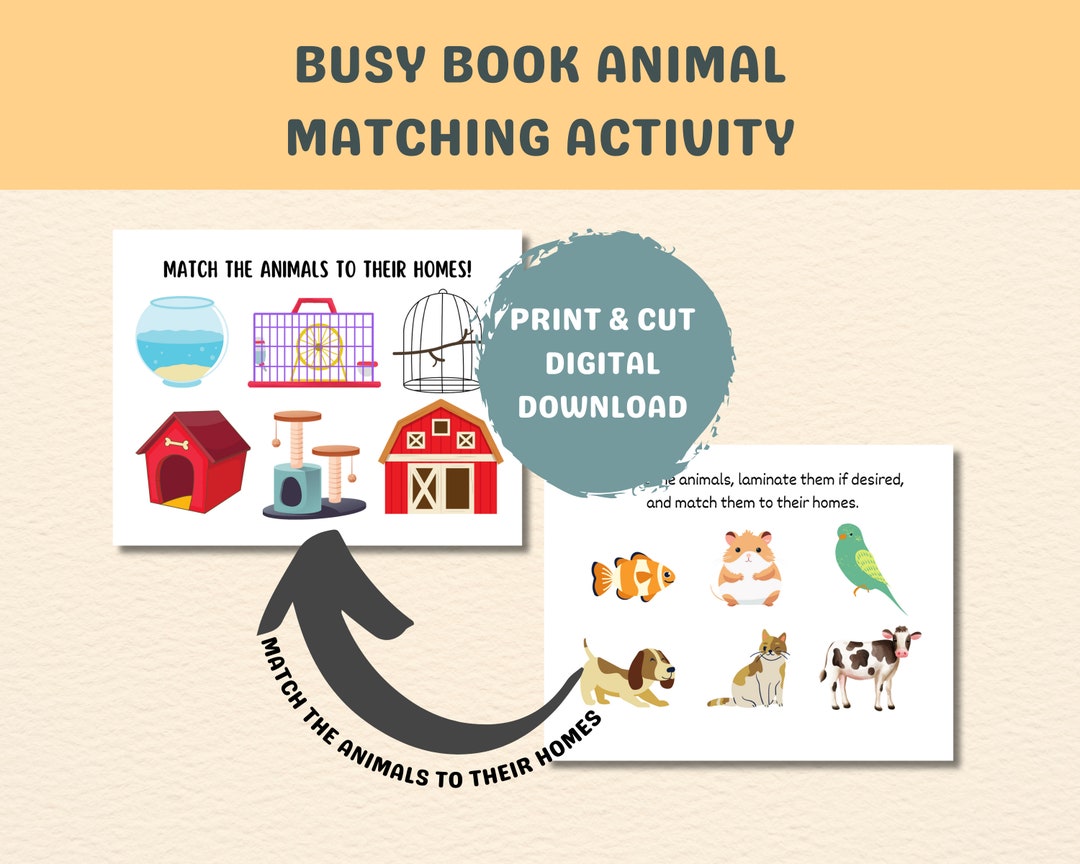 Busy Book Printable Worksheets, Animal Matching, Print & Cut, Preschool ...