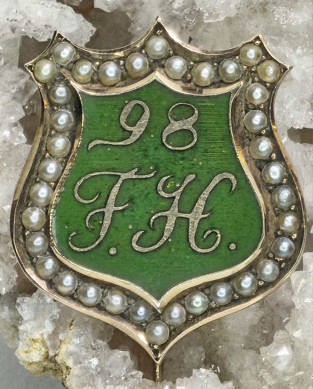 Antique 1898 Solid 9k Yellow Gold Shield Pin - Green Enamel & Seeded ...