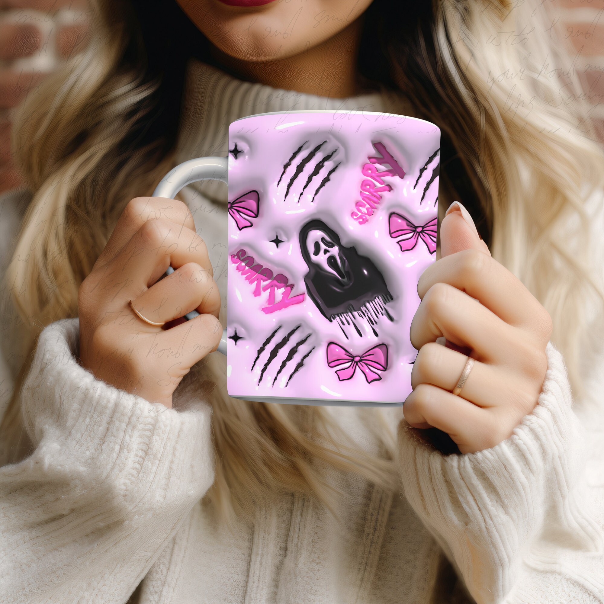 3D Horror Pink Halloween Inflated Mug Wrap, Horror Characters, Coquette ...