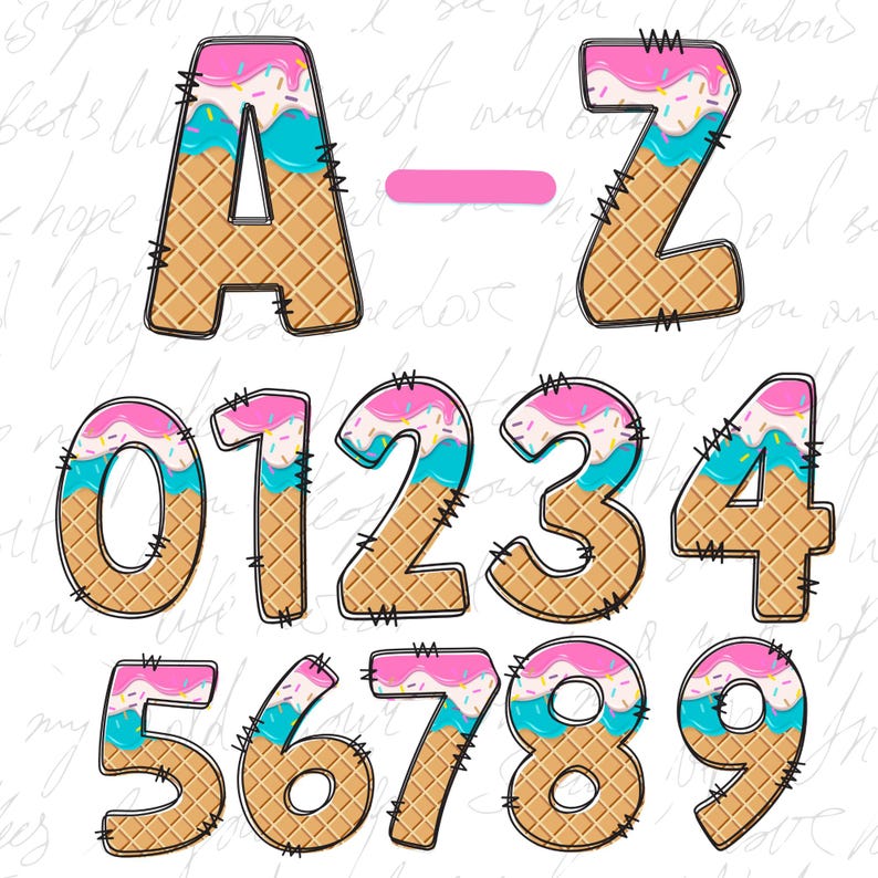 Ice Cream Drip PNG-alfabet: roze en blauw lettertype wafelkegel ...