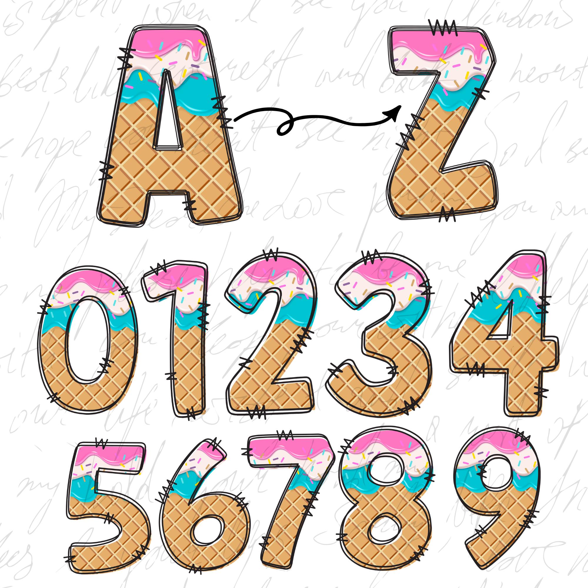 Ice Cream Drip PNG Alphabet: Pink & Blue Waffle Cone Font (digital ...