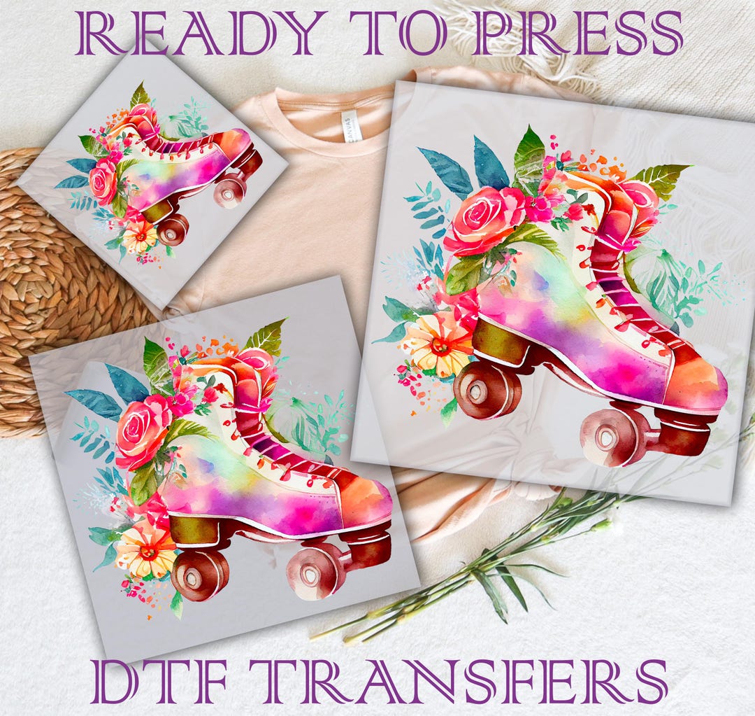 Floral Roller Skates DTF Transfer, Ready to Press, DTF Prints Heat ...