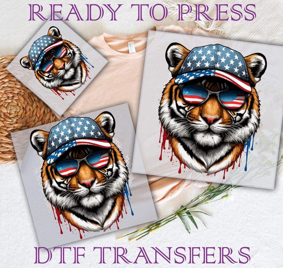 Patriotic Tiger Ready to Press, USA Flag Hat DTF Transfer, American ...