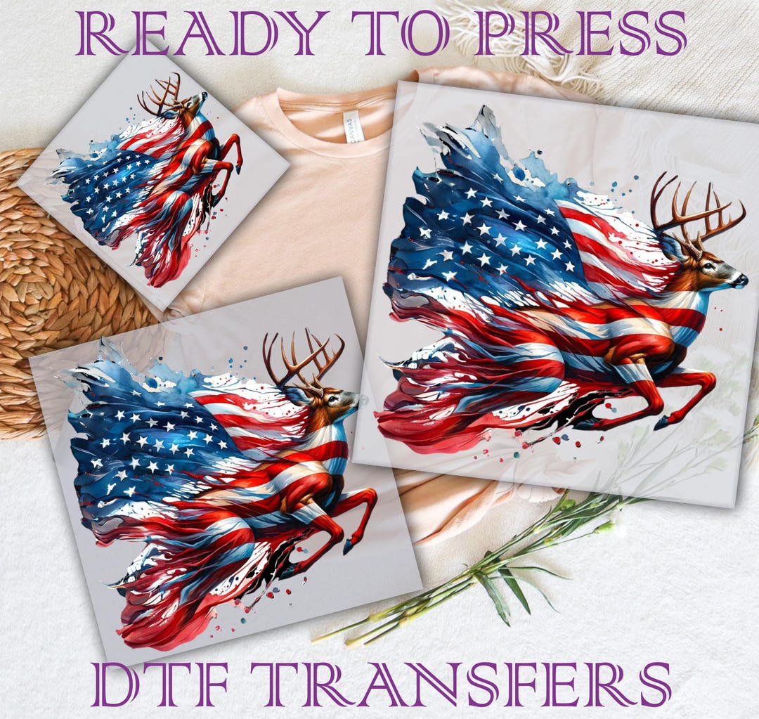 American Flag With Deer Ready to Press, American Flag Deer DTF ...