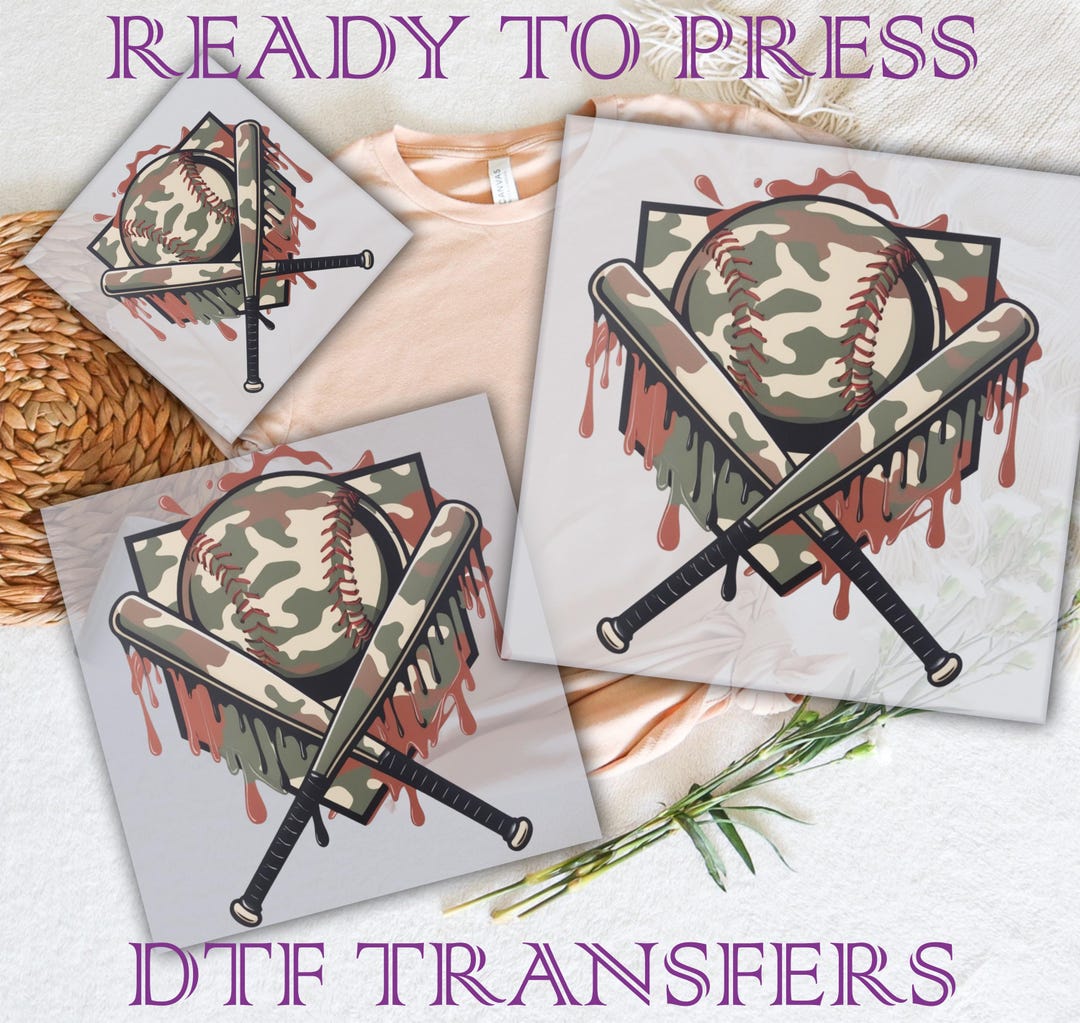 Baseball Drip DTF: Camo Ball & Bats Ready to Press - Etsy