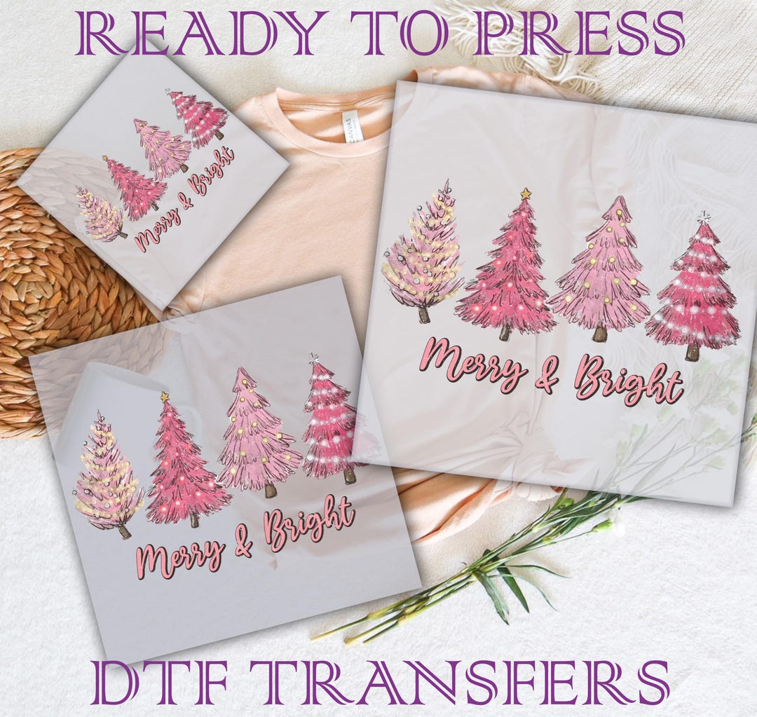 Pink Trees DTF, Merry and Bright Dtf Transfer, Merry Christmas Ready to ...
