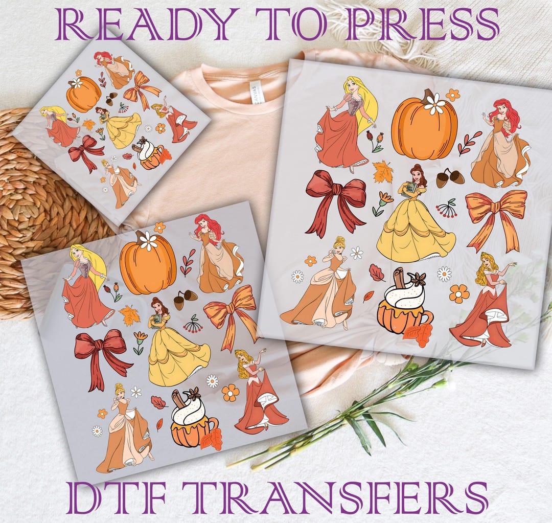 Fall Disney Princess Dtf, Disney Thanksgiving Ready to Press, Coquette ...