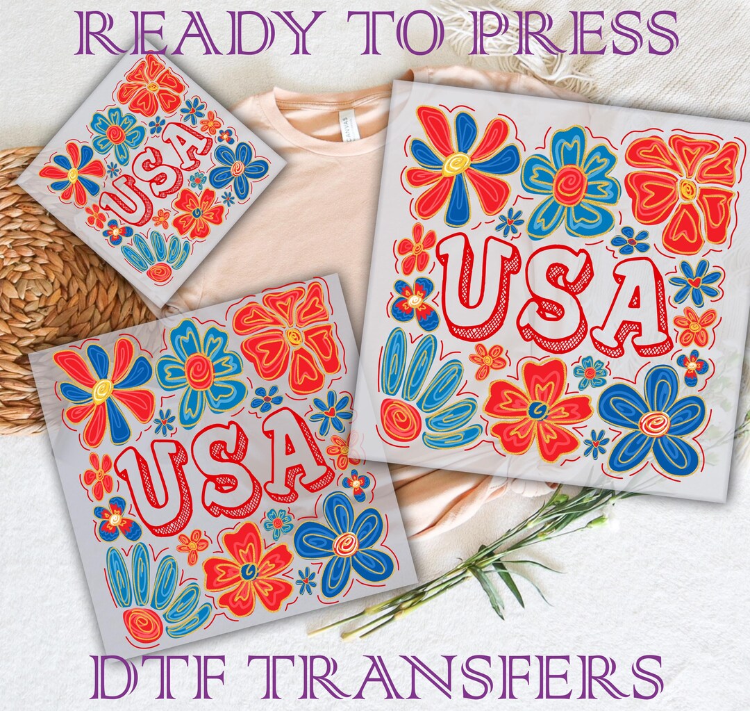 Boho USA Patriotic Ready to Press, Floral Usa 4th of July Dtf, Retro ...