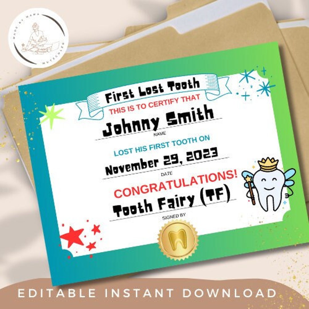 Boy Tooth Fairy * First Lost Tooth Certificate * Instant Download ...