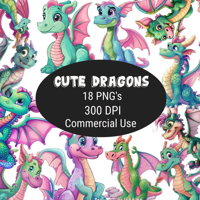 Cute Dragons: Digital Clipart Bundle, Instant Download PDF, Commercial Use, Illustrations, Craft ...