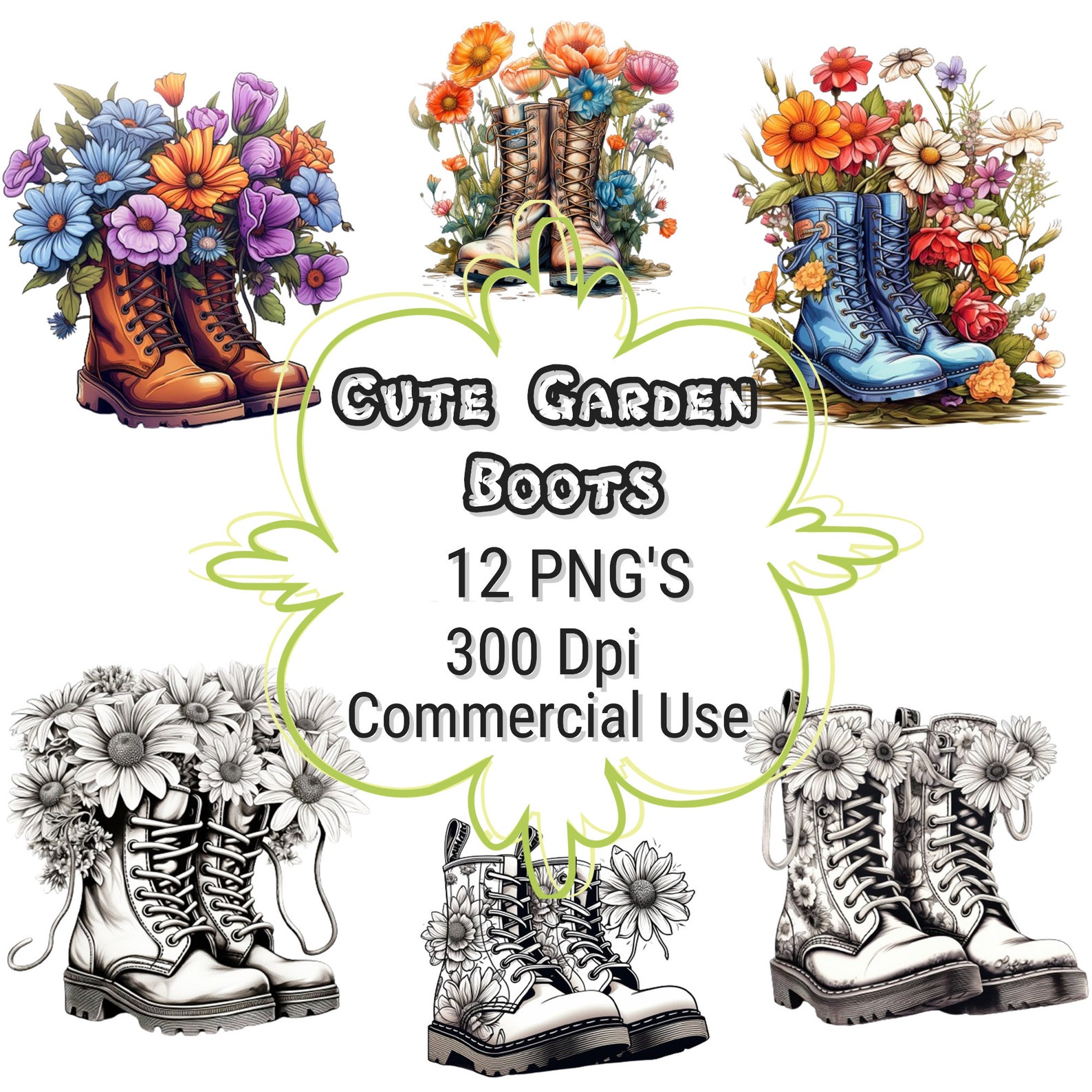 12 Garden Boots With Flowers Png Clipart Bundle, Digital Download ...