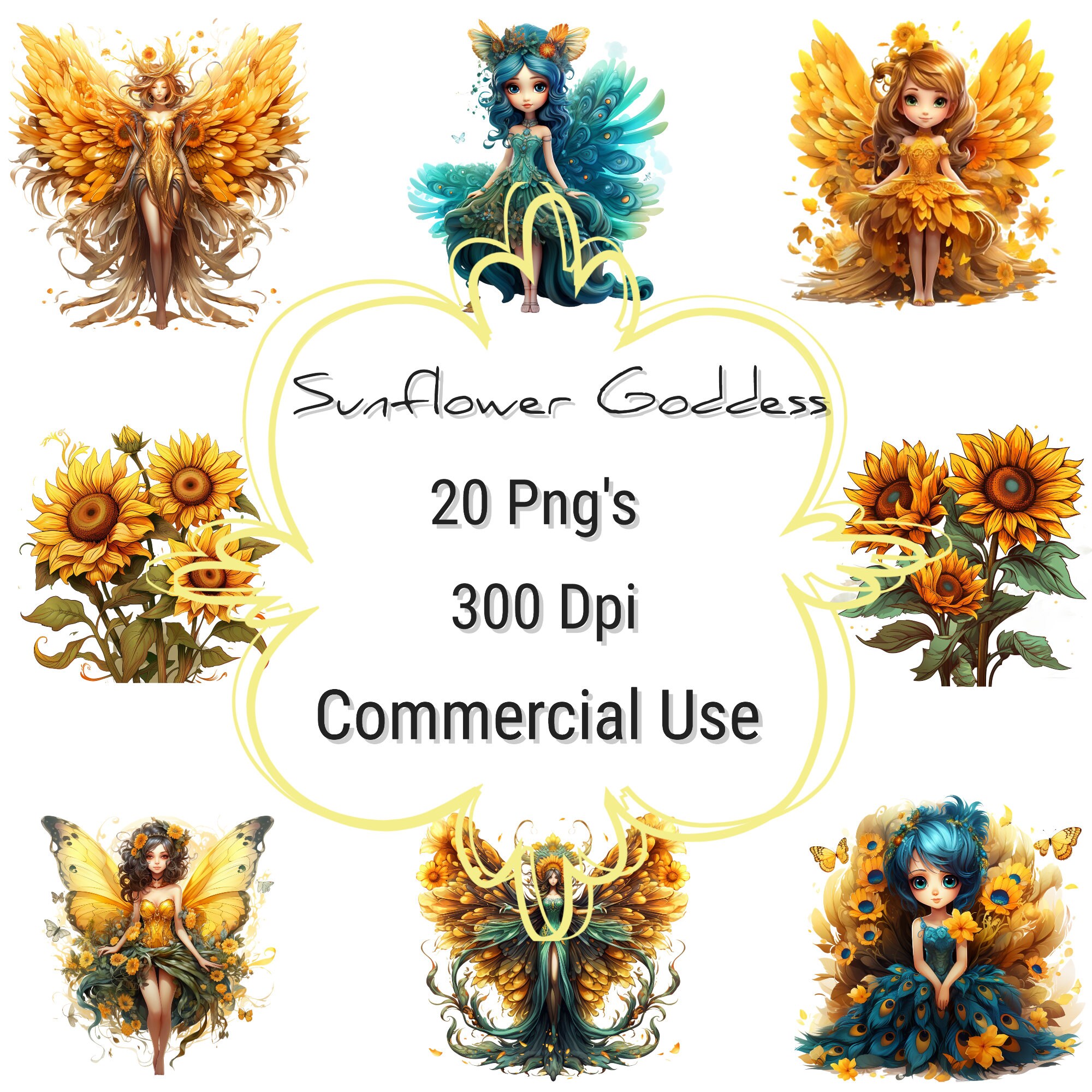 20 Sunflower Goddess Clipart Bundle Crafters DIY, Girls and Flowers PNG ...
