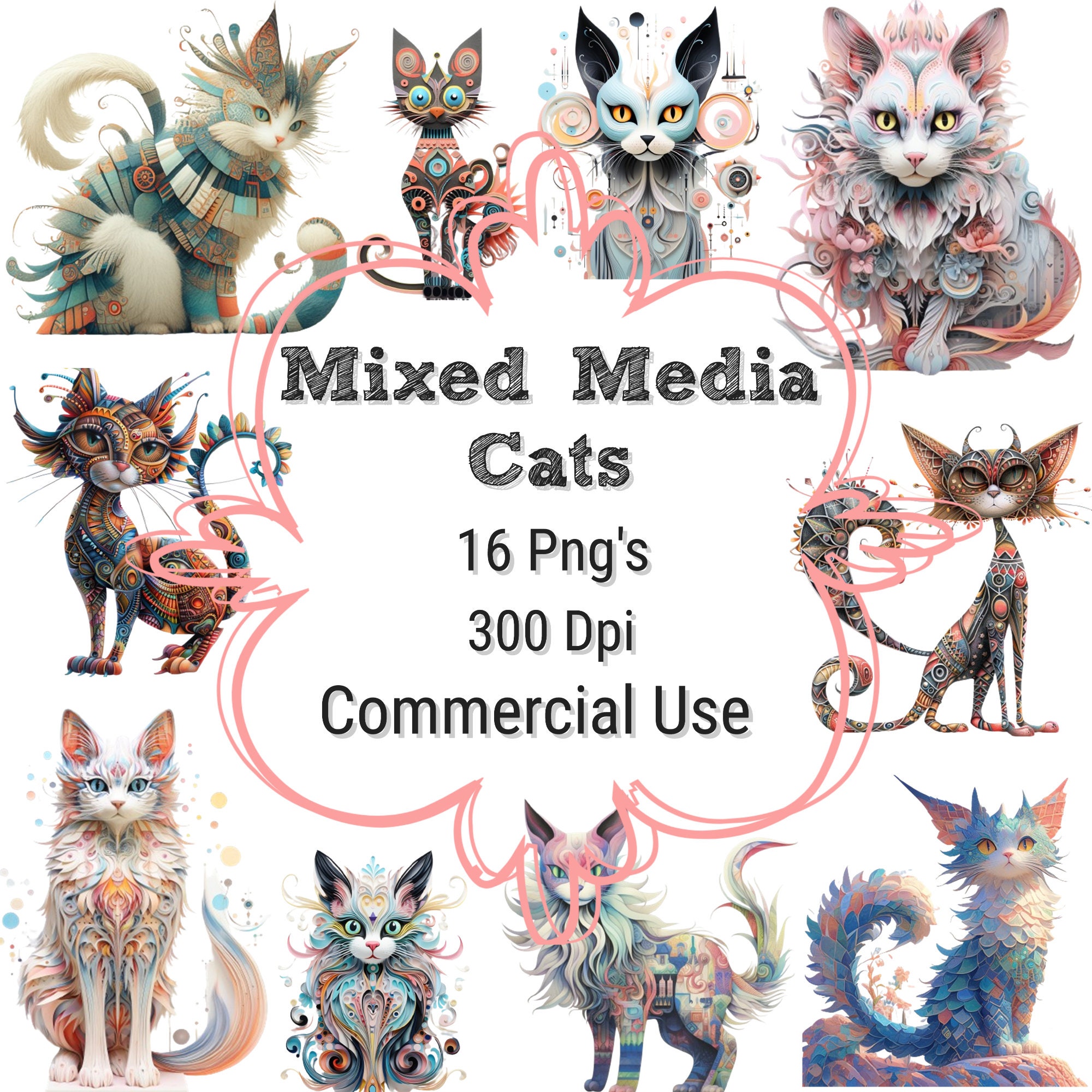 Mixed Media Cats Png Transparent Clipart Bundle for Canvas, Digital ...