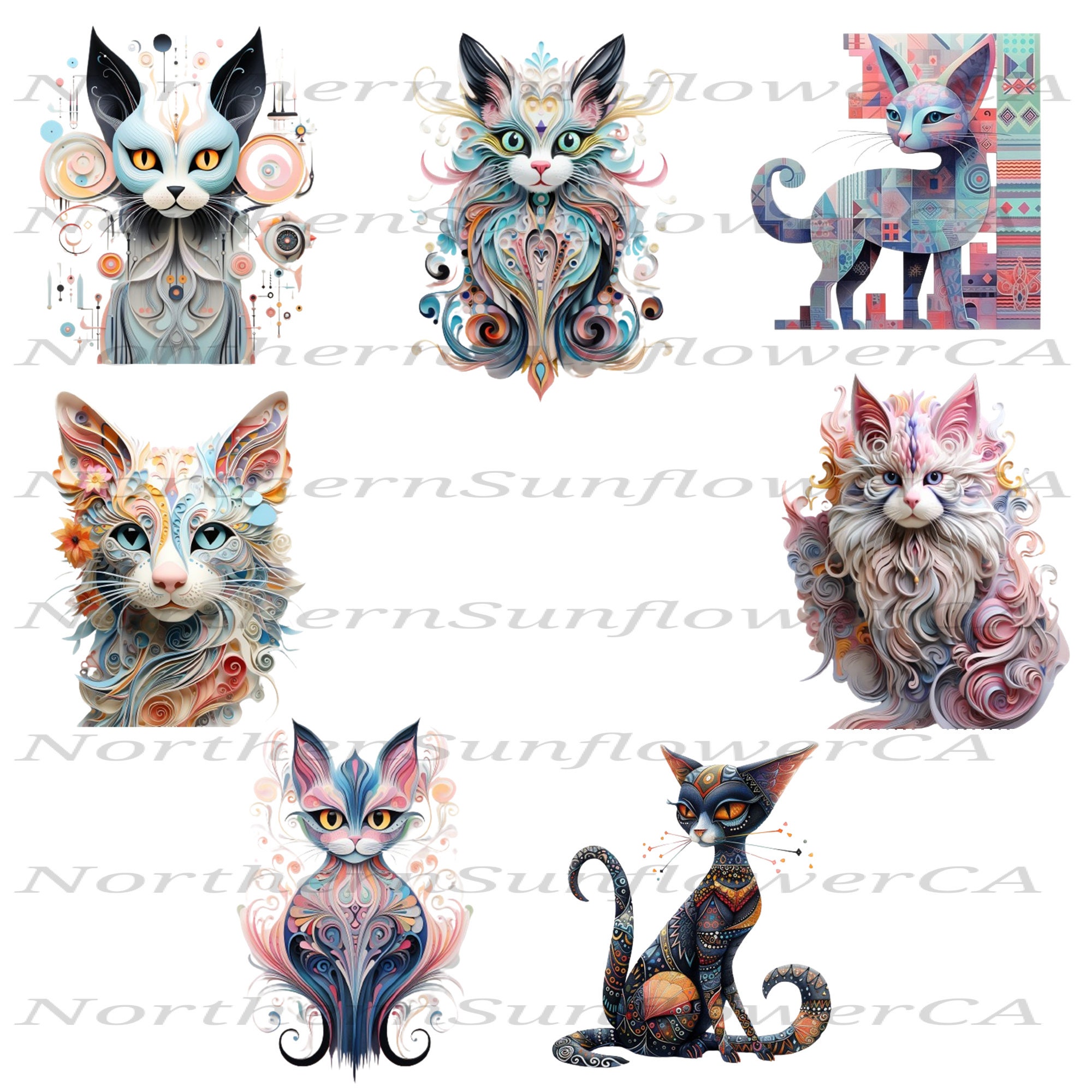 Mixed Media Cats Png Transparent Clipart Bundle for Canvas, Digital ...