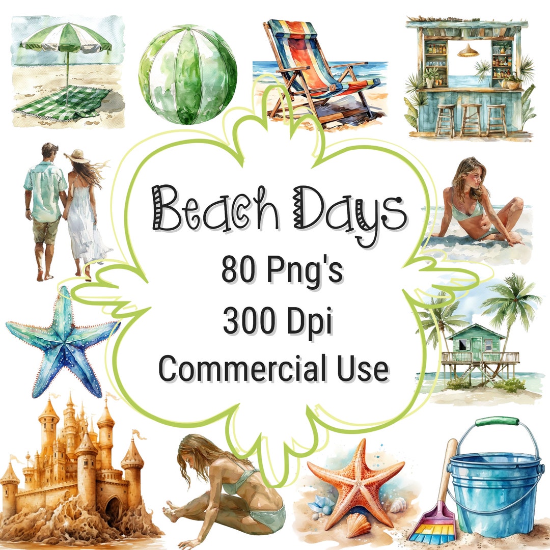 80 Beach Days Png Clipart Bundle for Crafts, 300 Dpi Image Scrapbooking ...