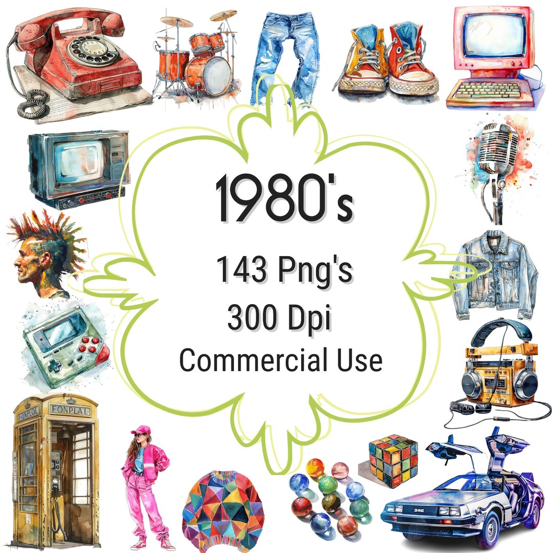 1980s Retro Clipart Bundle, 143 Png's, Digital Download, 80s Style ...