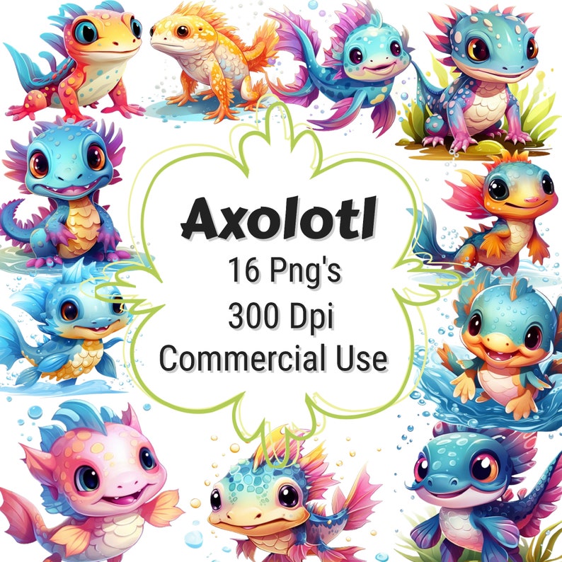 Axolotl, Clipart Bundle, Png, Sea Animal, Wall Art, Birthday Invitation ...