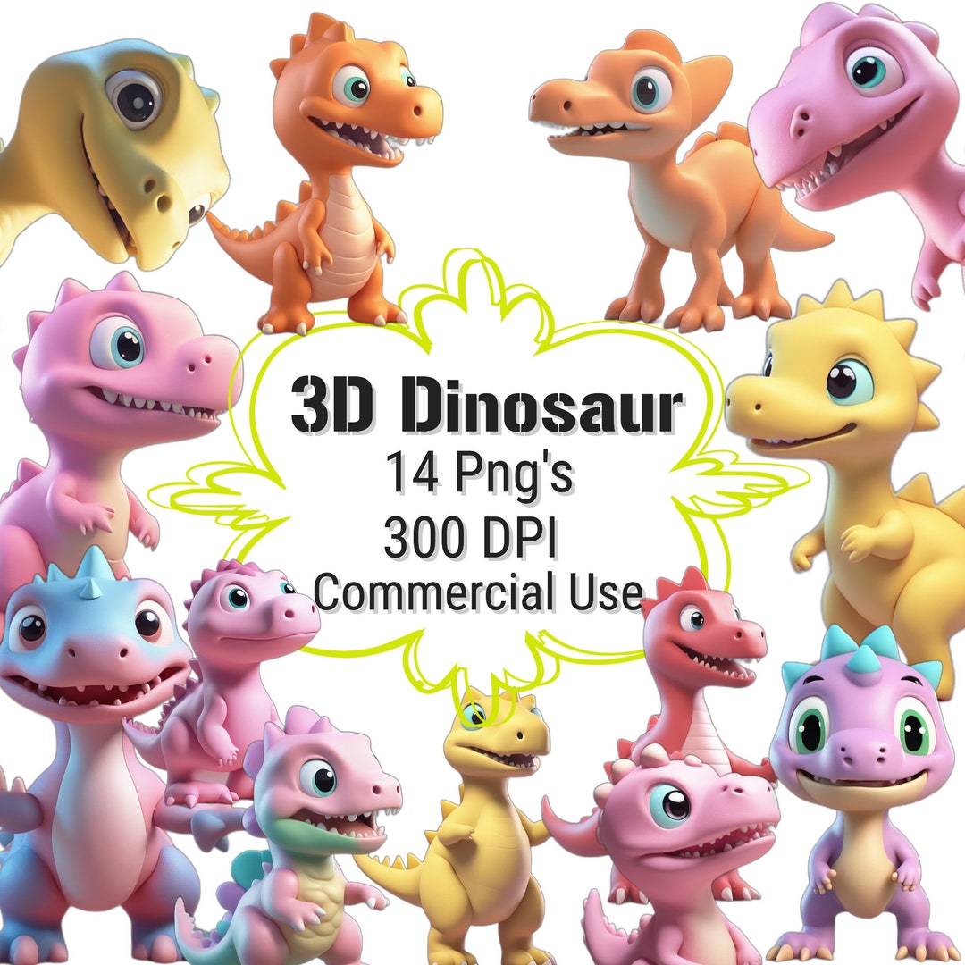 3D Dinosaur Cartoon Clipart Bundle, Prints, Transparent Background ...