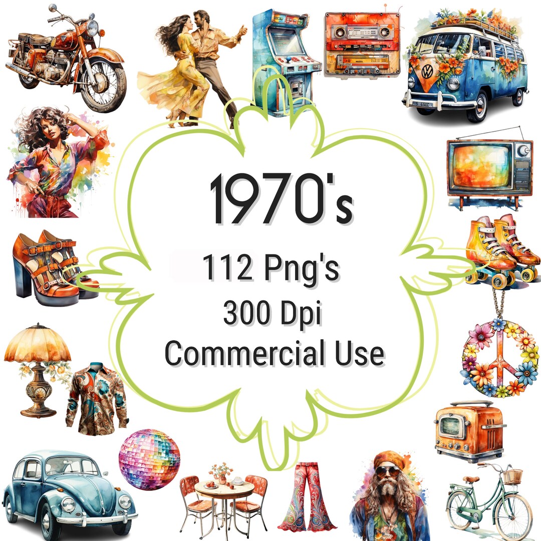 1970's Retro Clipart, 112 PNG Bundle, Nostalgia, Sublimation ...