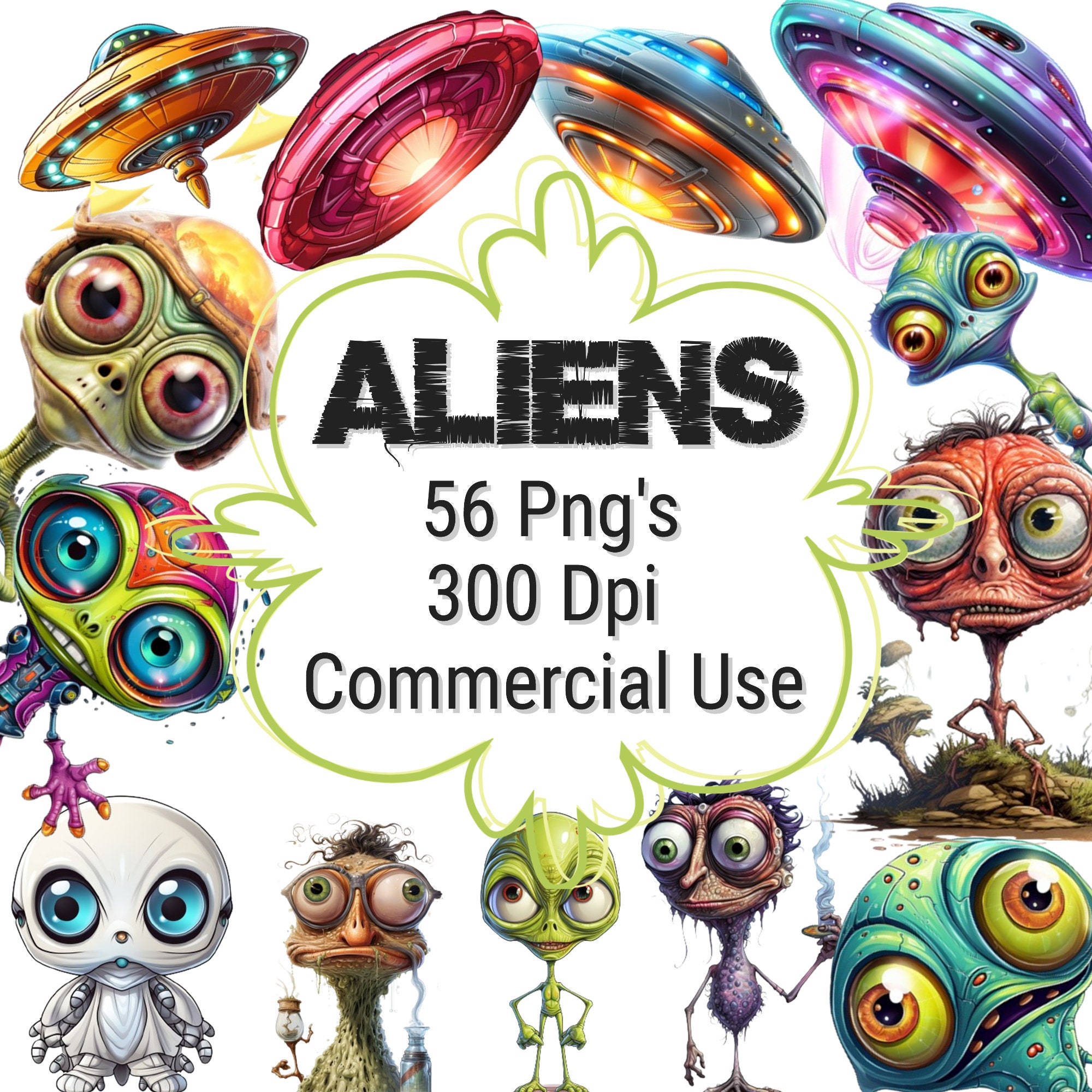 Aliens, UFO PNG Clipart Bundle, Transparent Cartoon Illustrations ...