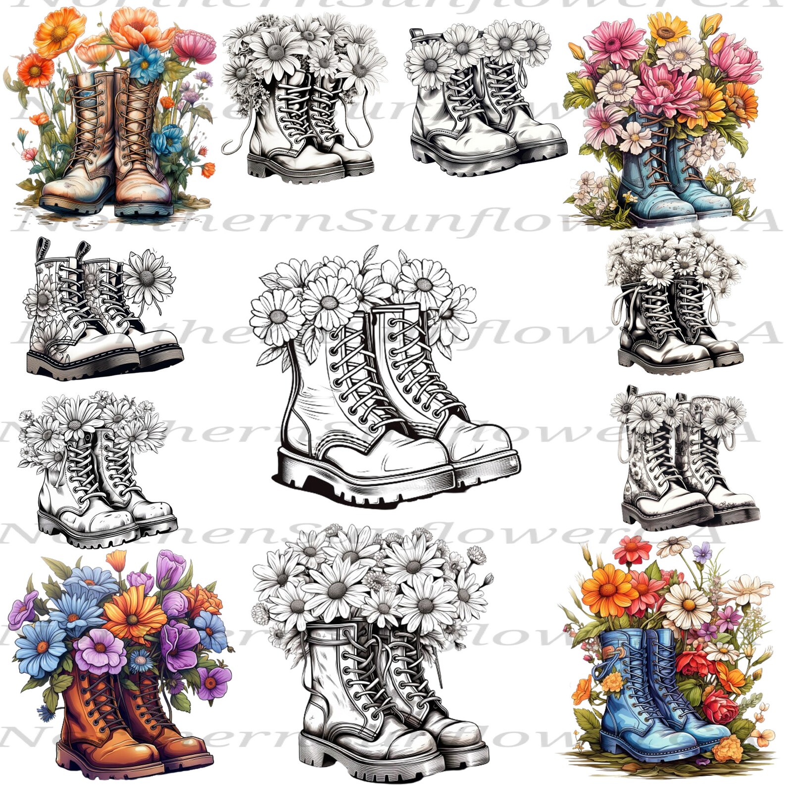 12 Garden Boots With Flowers Png Clipart Bundle, Digital Download ...