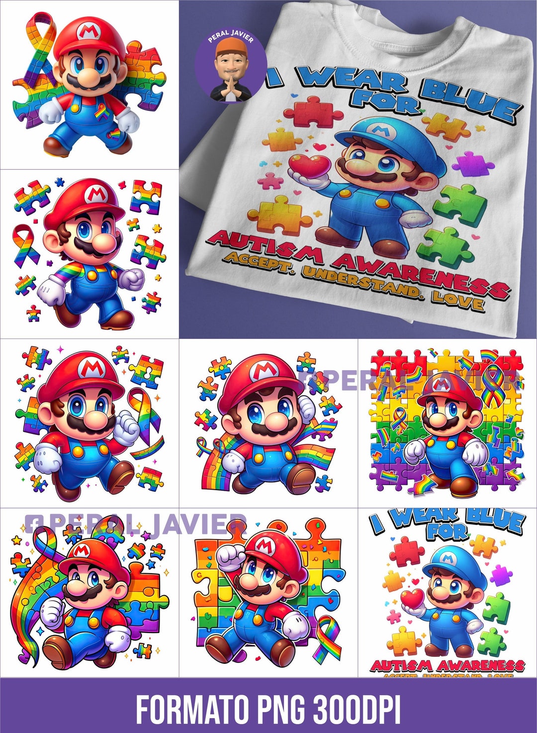 8 Diseños super Autismo Mario Cartoon PNG HD BROSS ideal para dtf y ...