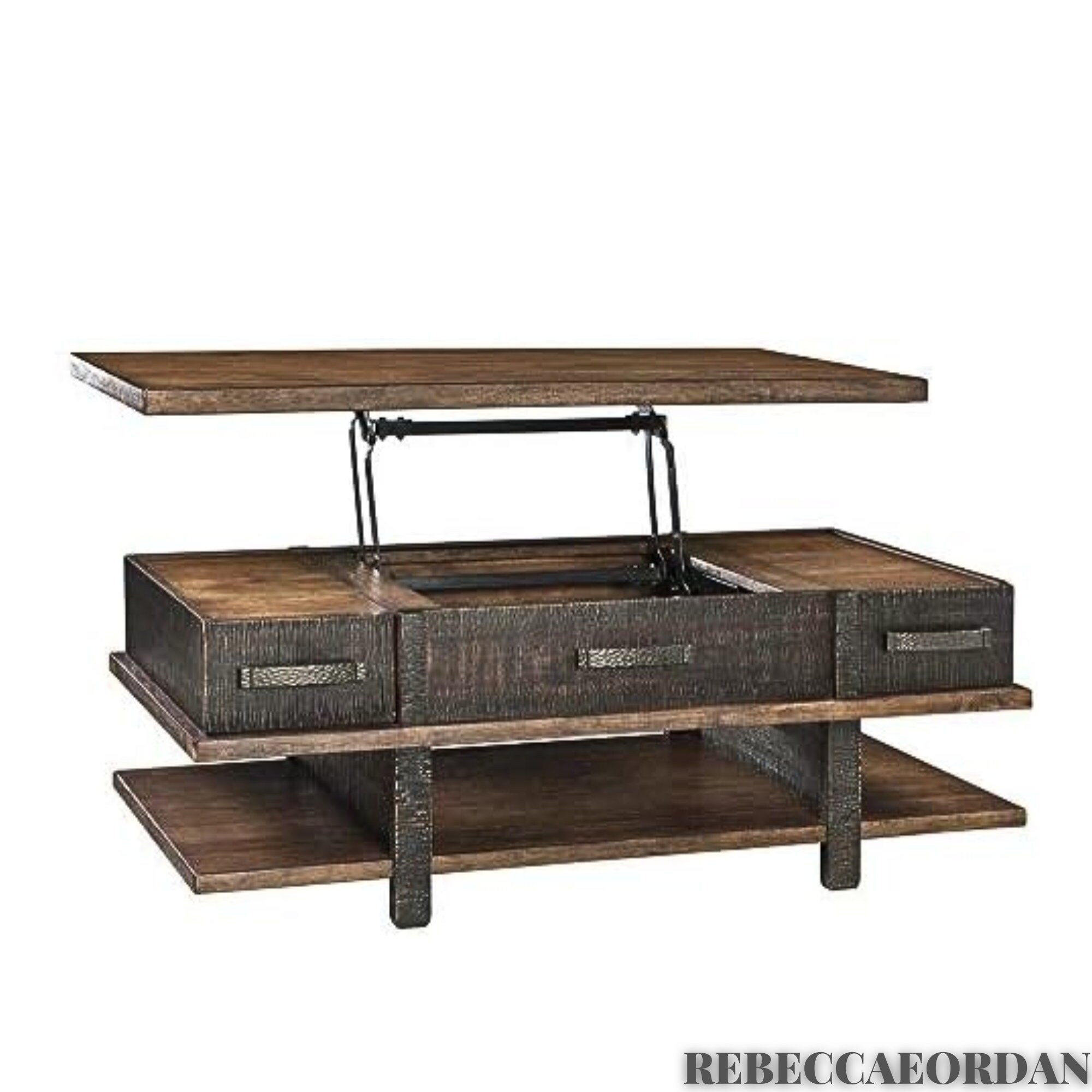 Rustic Rectangular Lift Top Coffee Table With Drawers, Floor Shelf for ...