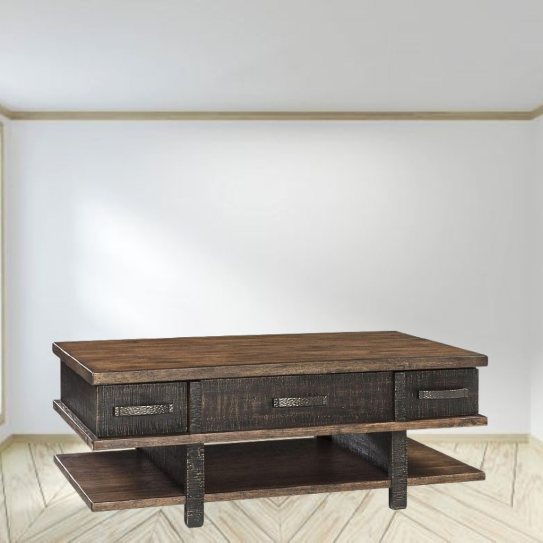 Rustic Rectangular Lift Top Coffee Table With Drawers, Floor Shelf for ...