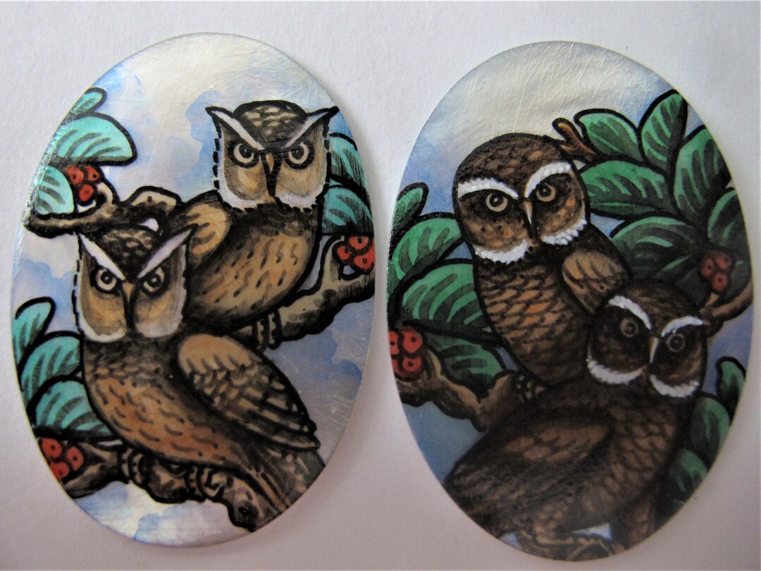 MS Owls on MOP Shell Hand Painted Cabochons Pendant 2 Designs Bali Fair ...