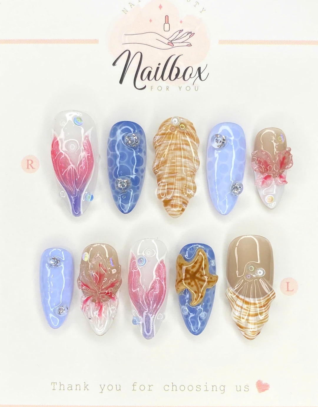 Mermaid Ocean Nail Art Set With 3D Flowers, Starfish, Shells, and Fish ...