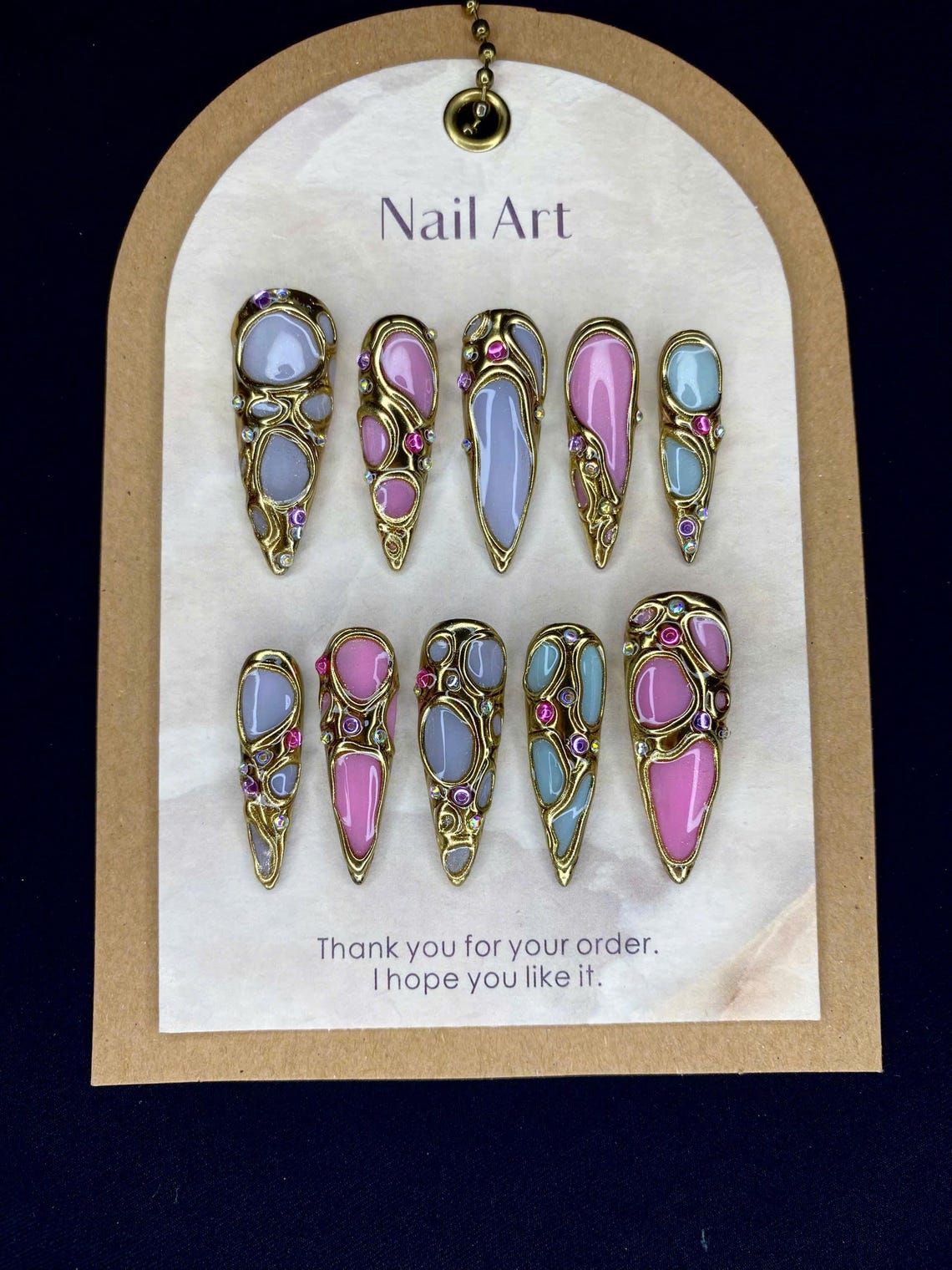 Luxury Gold Mirror Cat Eye Pastel Press on Nails With Rhinestones. - Etsy