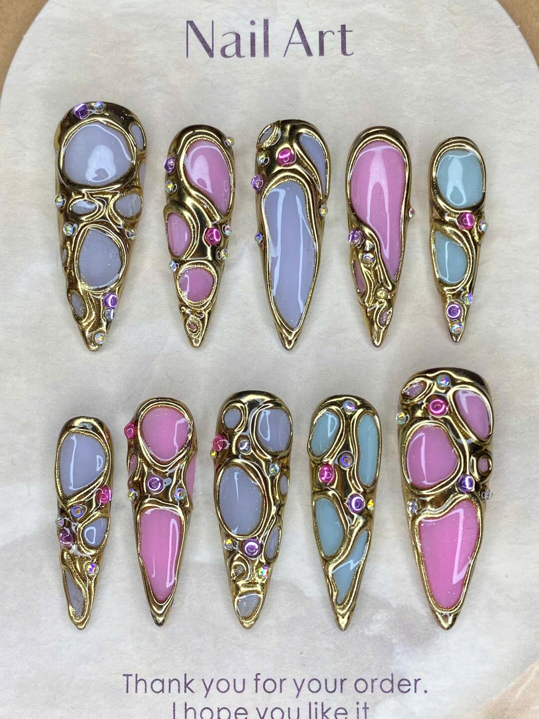 Luxury Gold Mirror Cat Eye Pastel Press on Nails With Rhinestones. - Etsy