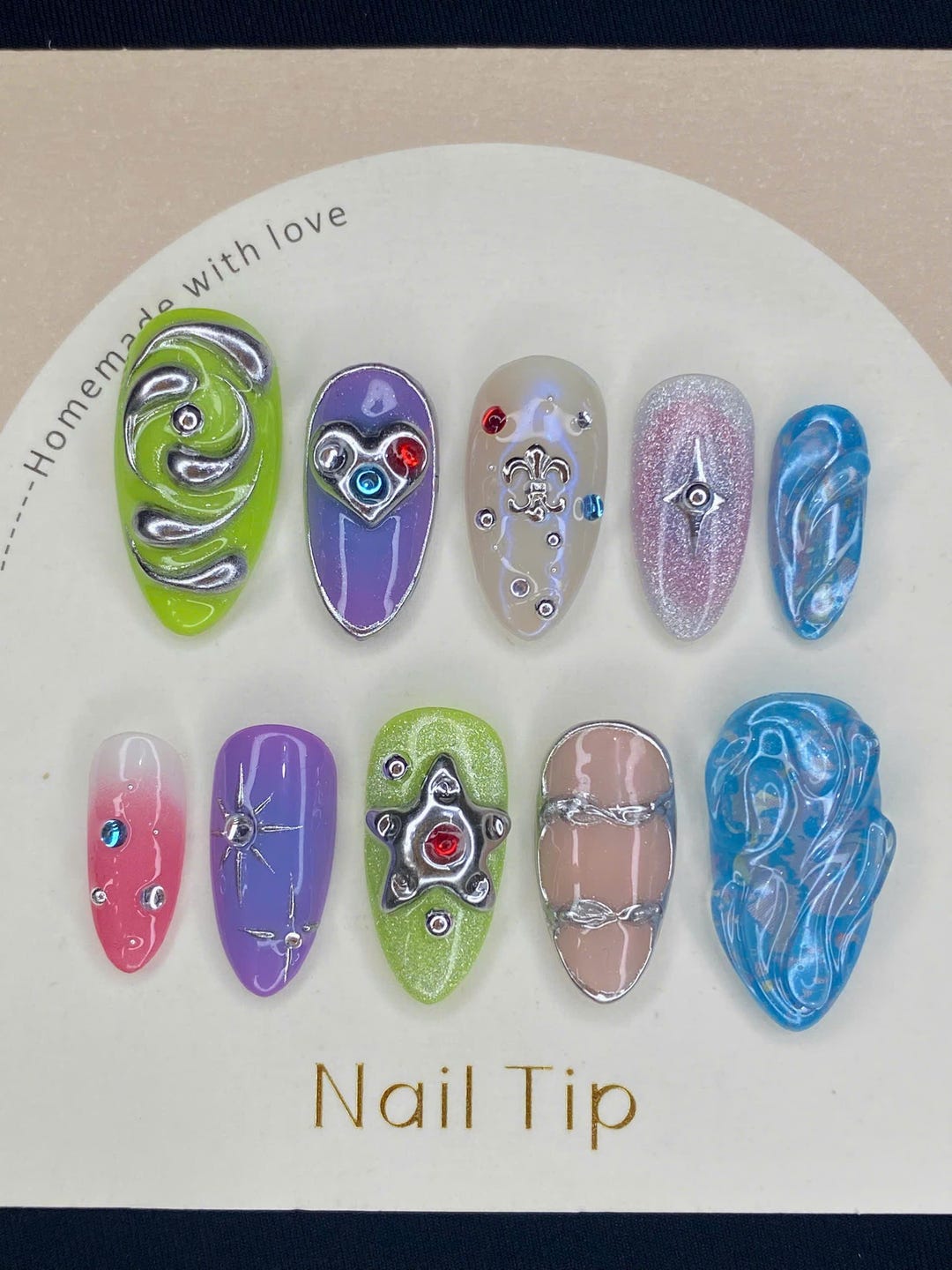 Handmade Colorful Press on Nails: Chrome Swirl, Gem & 3D Art - Etsy