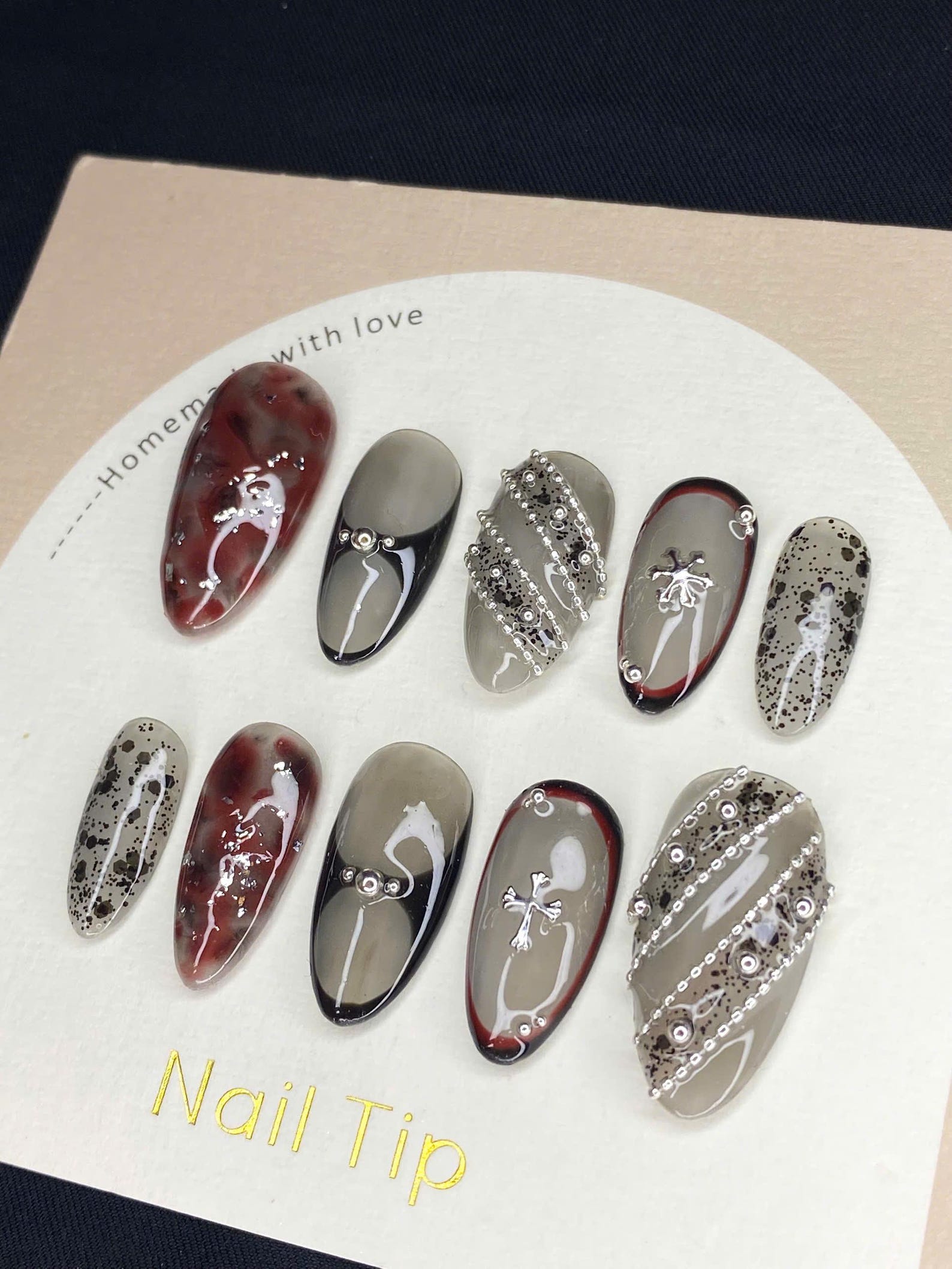 Dark Gothic Press on Nails: Chains, Cross Charms, Speckled Edgy Nail ...