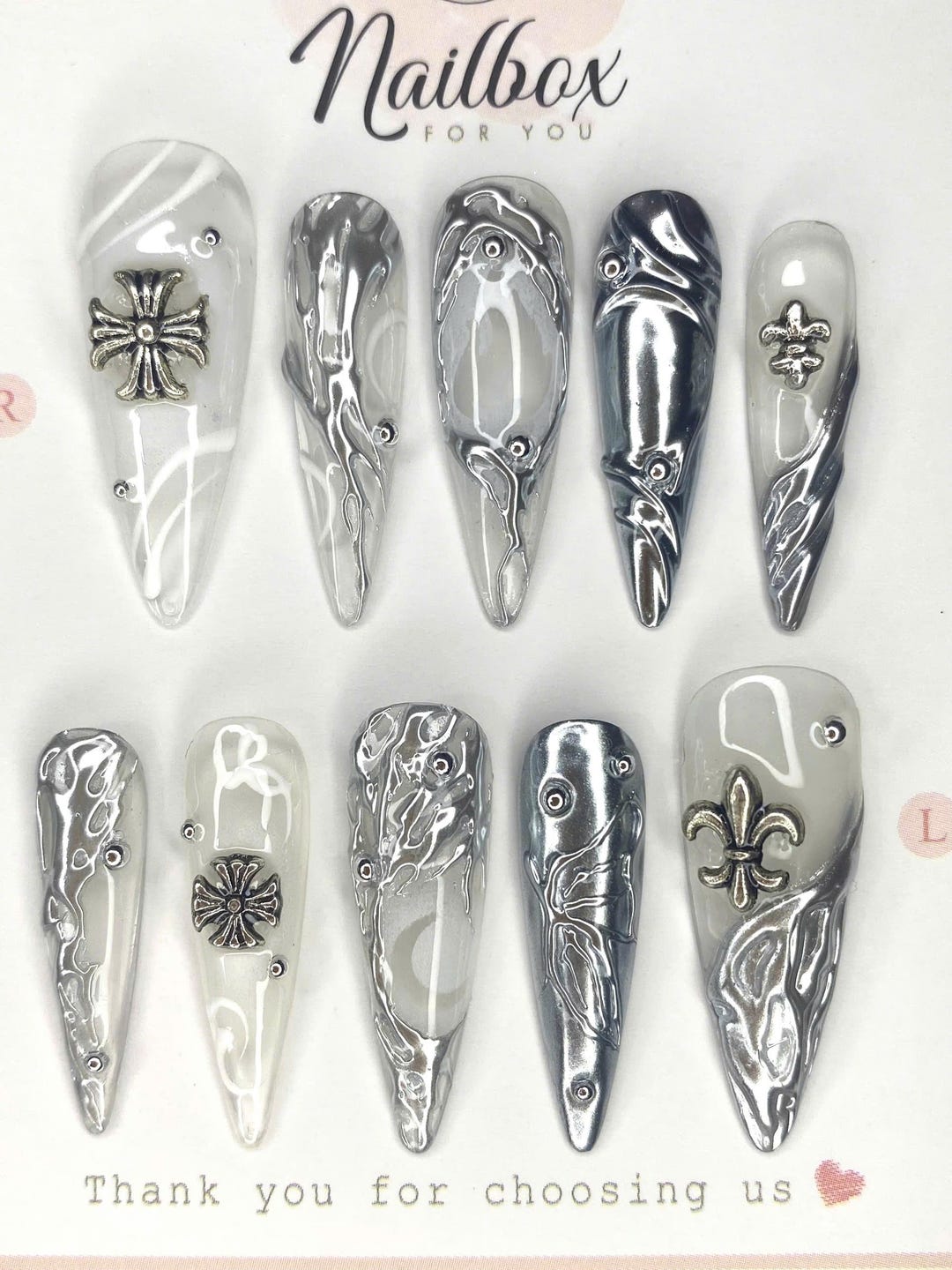 Chrome Silver Press on Nails: 3D Swirl Gothic Charms, Mirror Effect - Etsy
