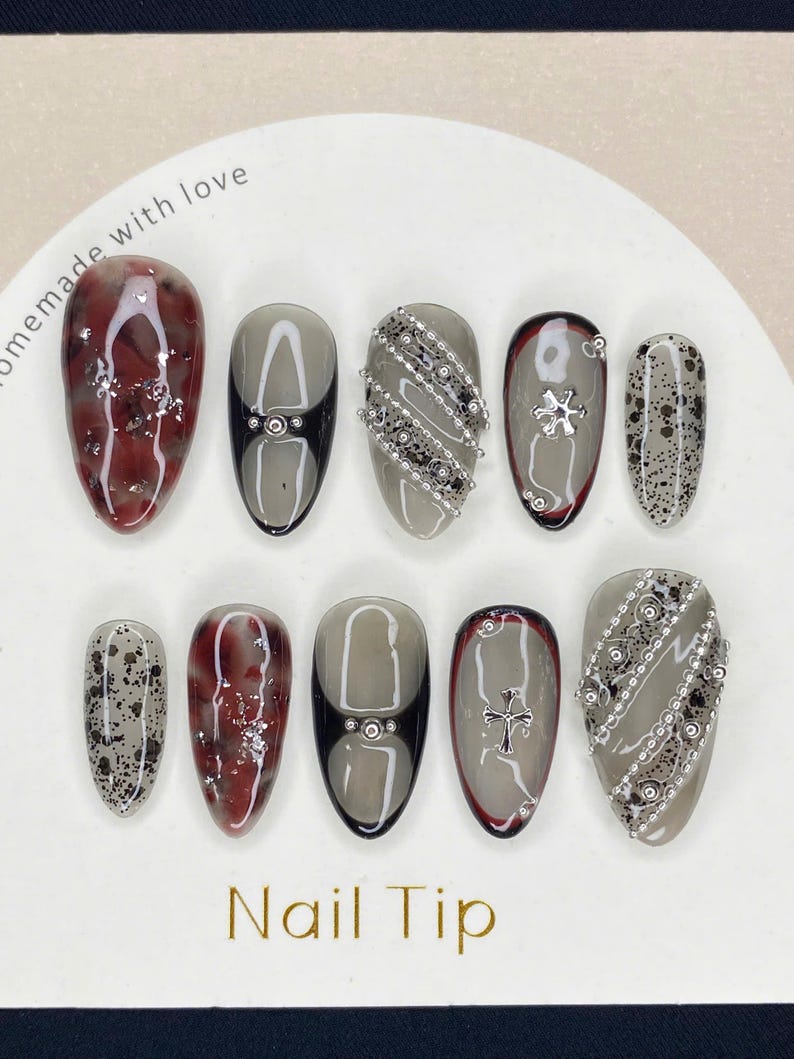 Dark Gothic Press on Nails: Chains, Cross Charms, Speckled Edgy Nail ...