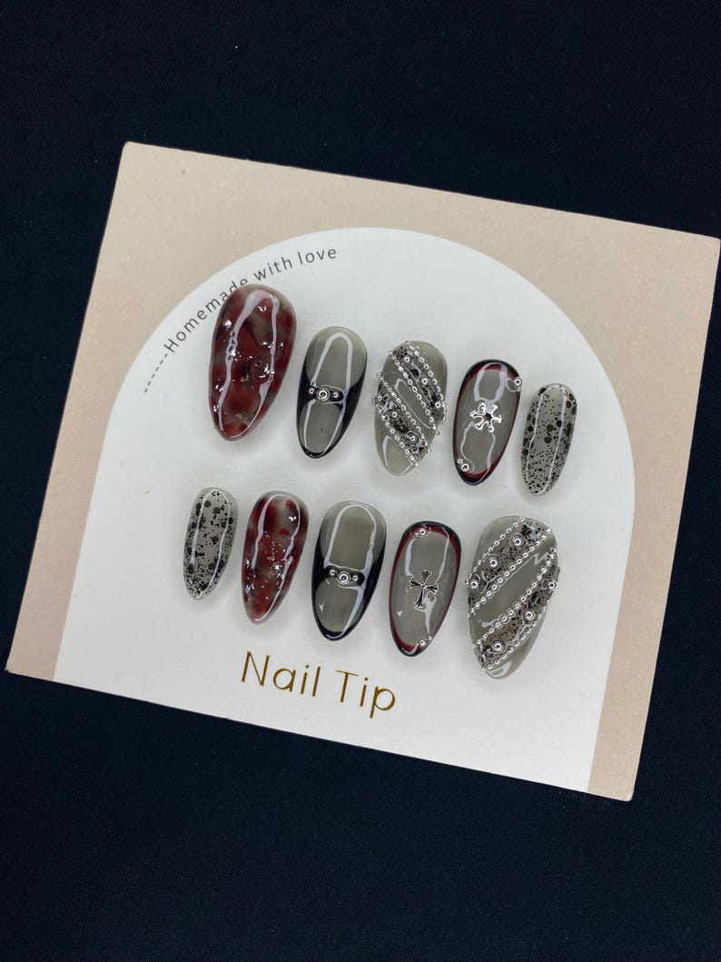 Dark Gothic Press on Nails: Chains, Cross Charms, Speckled Edgy Nail ...