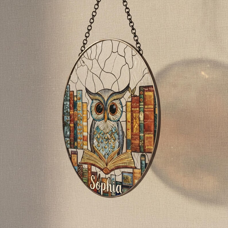 Personalized Owl Library Suncatcher With Name, Stained Glass Style Book ...