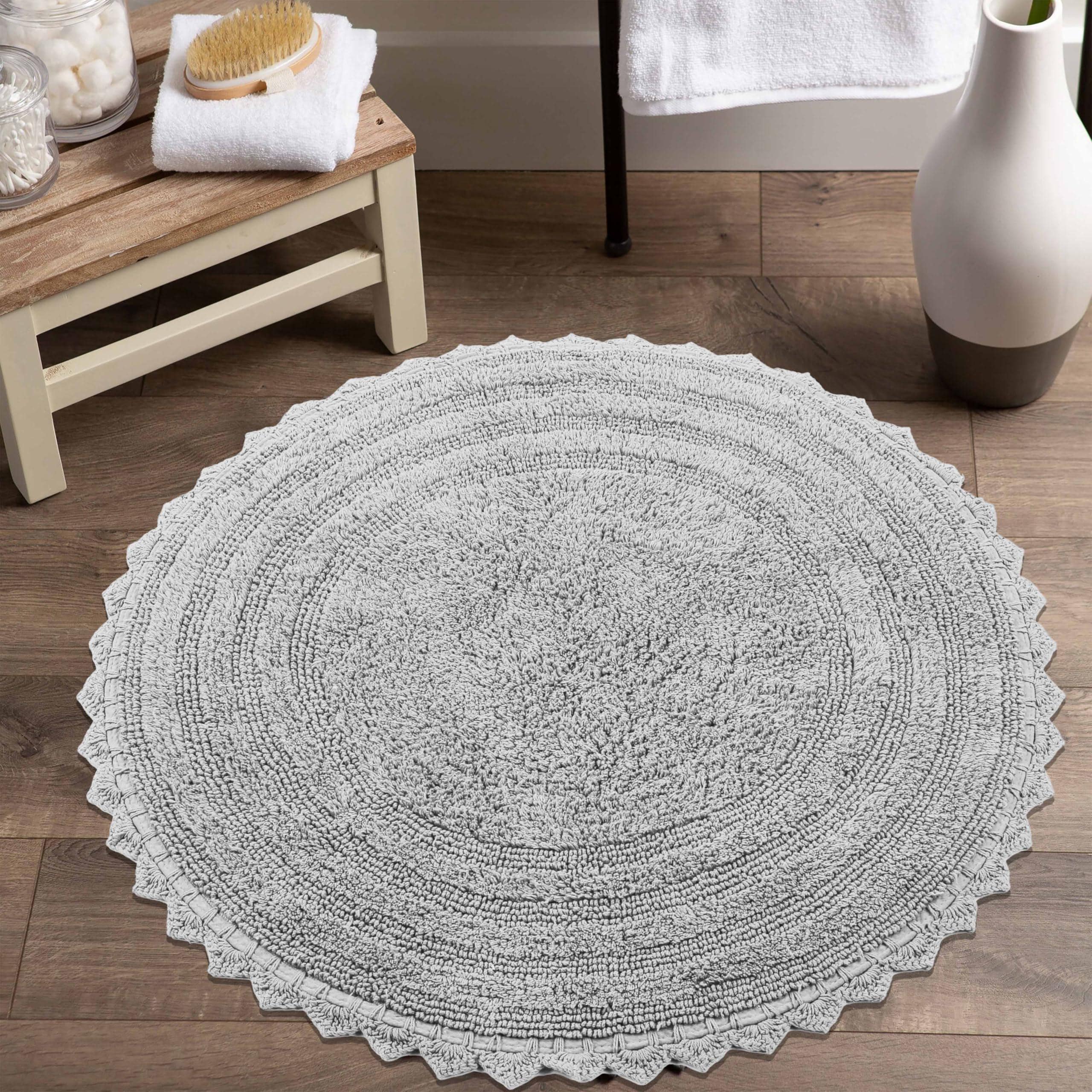 Handmade Ivory Cotton Round Bath Mat: Crochet Border, 30