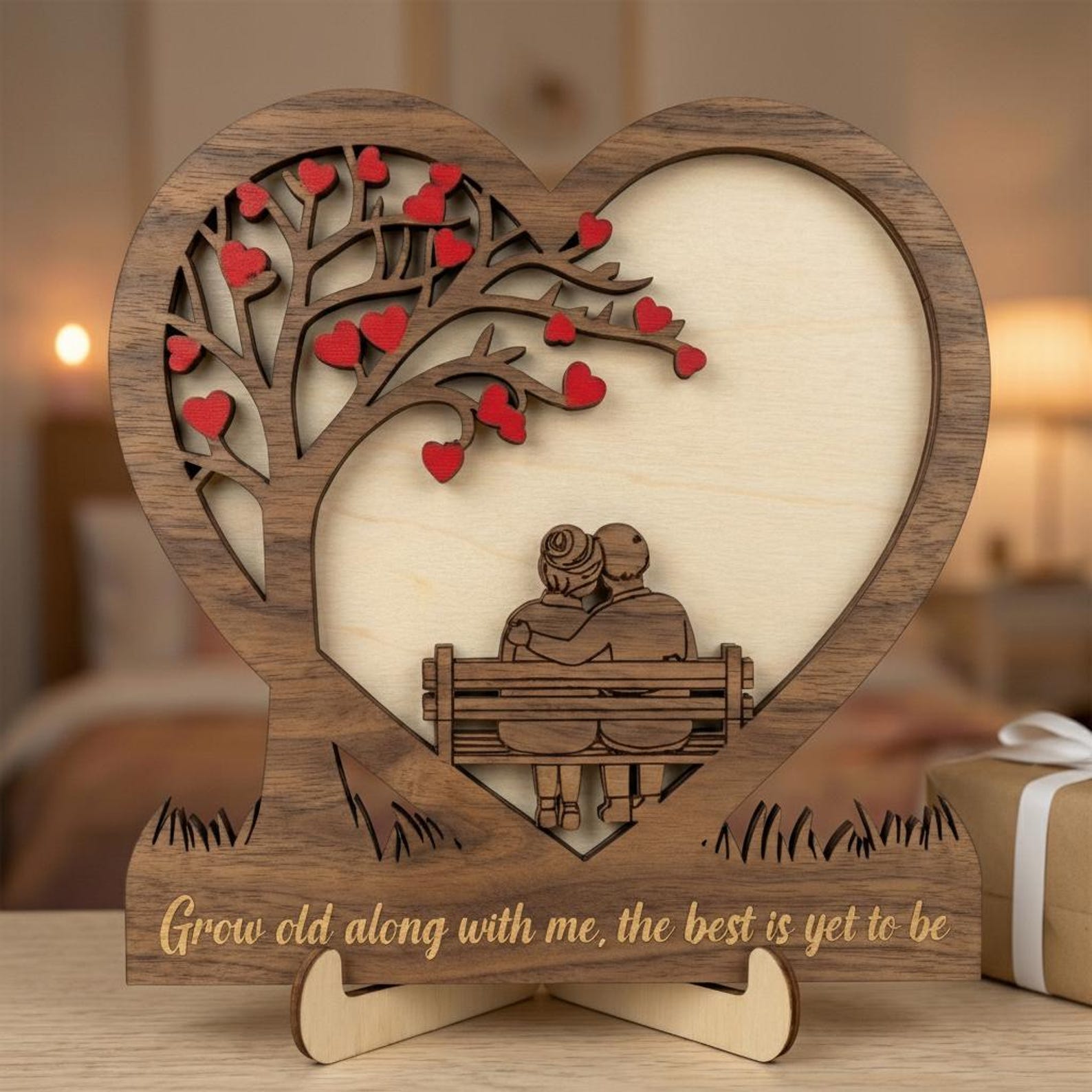 Heart Tree Wooden Sign Back View With Couple, Romantic Love Decor ...
